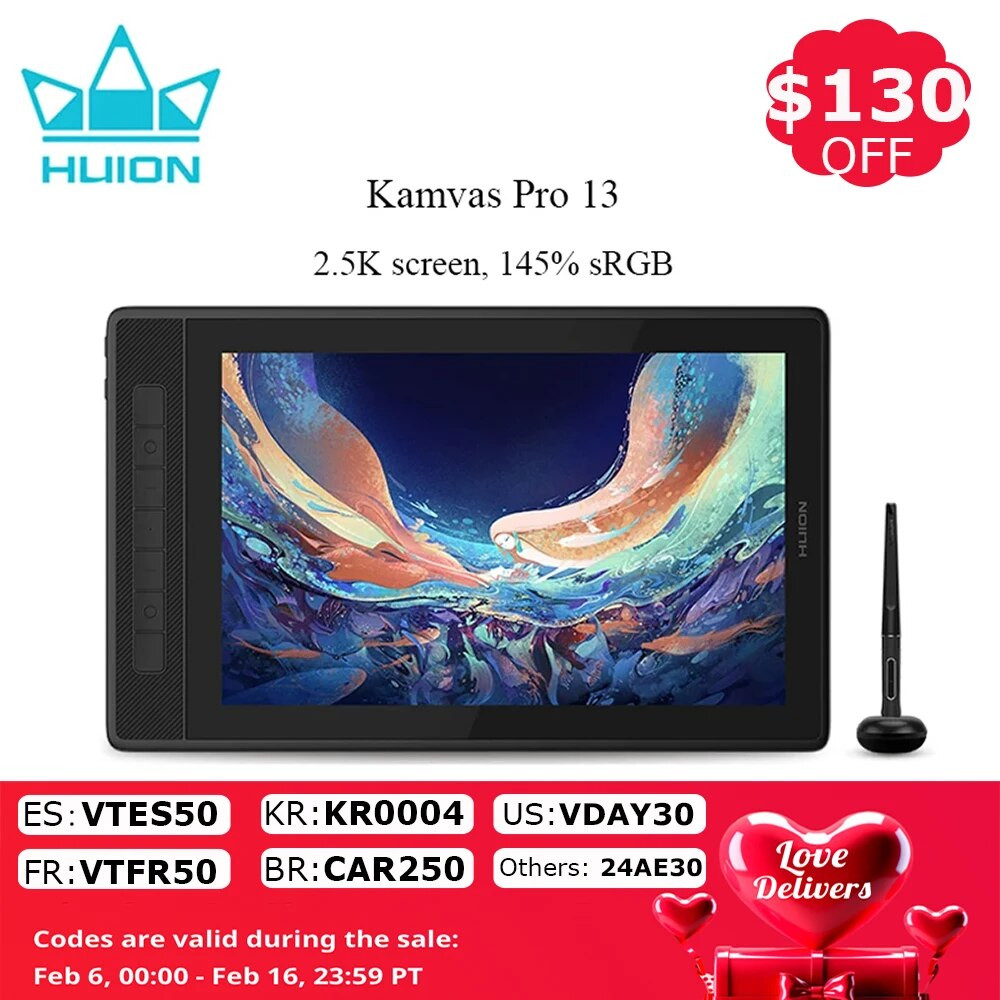 HUION Kamvas Pro 16 2.5K Drawing Monitor 145% sRGB QHD Screen Graphics ...
