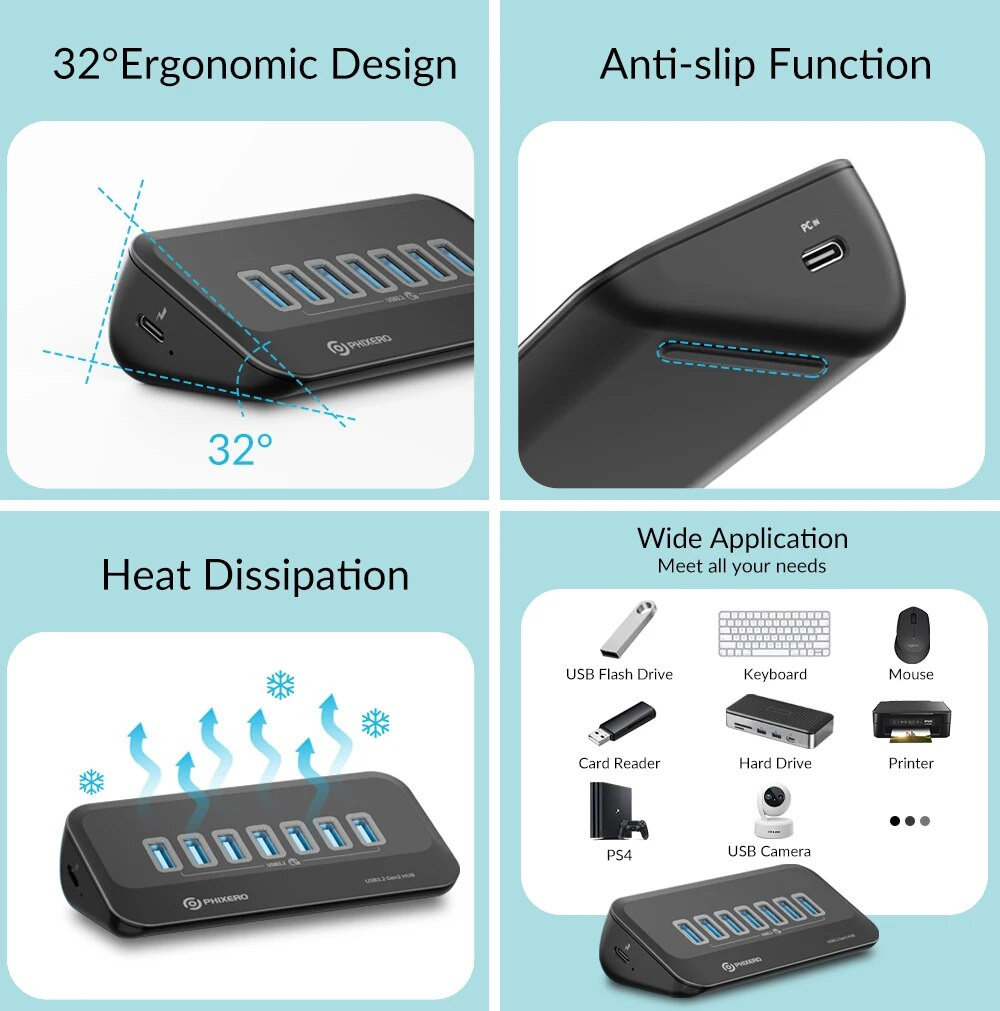 PHIXERO USB 3.2 Docking Station Hub 10Gbps Splitter Switch Dock Multi ...
