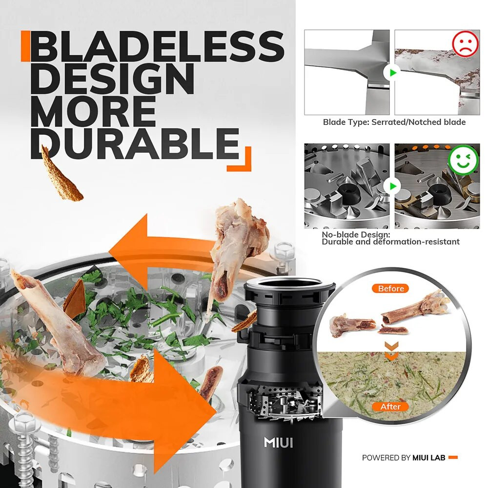 MIUI Continuous Feed Garbage Disposal with Sound Reduction,1/2 HP Food ...