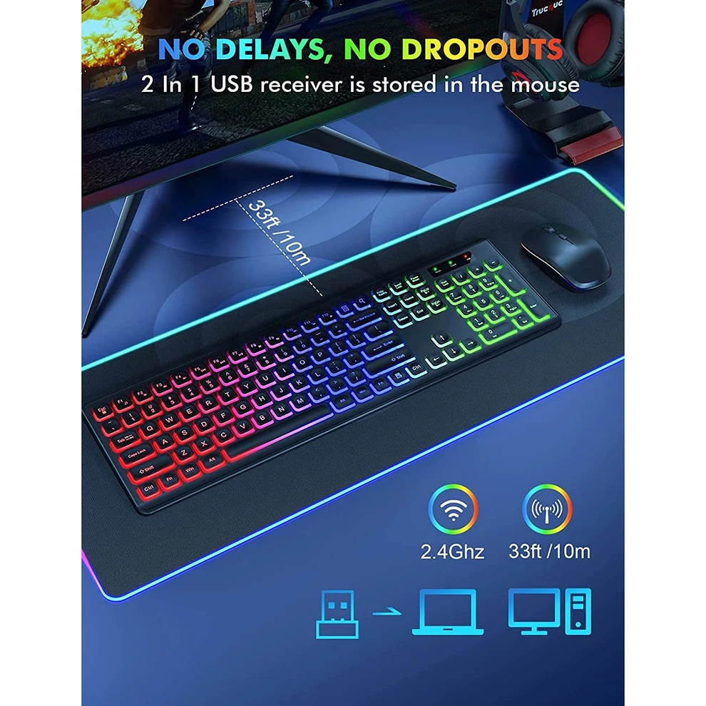 Backlit Wireless Keyboard and Mouse Combo Rechargeable RGB Letters Full ...
