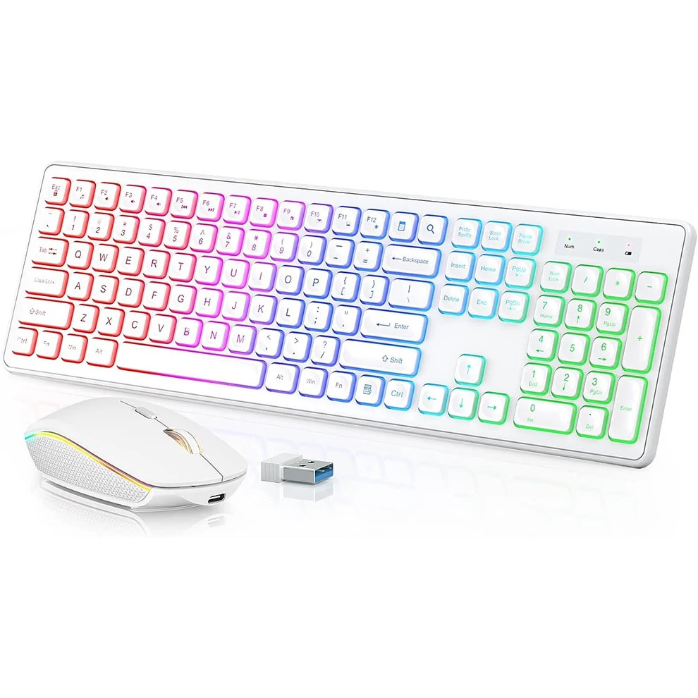 Backlit Wireless Keyboard and Mouse Combo Rechargeable RGB Letters Full ...