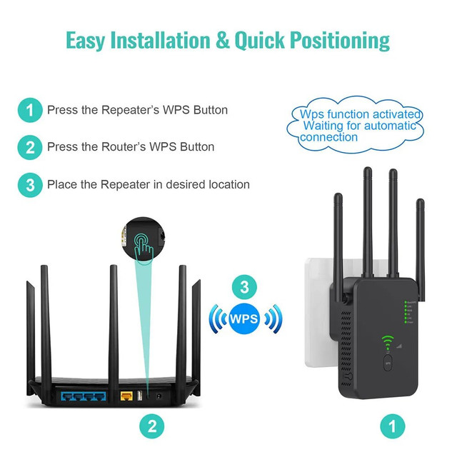 Wireless 5G WiFi Repeater 1200Mbps Router Wifi Booster Dual Band Long Range Extender 5Ghz Wi-Fi ...