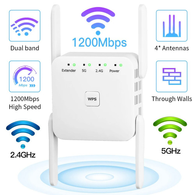Wireless 5G WiFi Repeater 1200Mbps Router Wifi Booster Dual Band Long Range Extender 5Ghz Wi-Fi ...