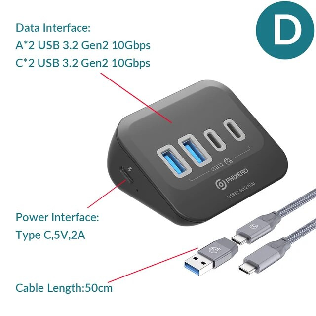 PHIXERO USB 3.2 Docking Station Hub 10Gbps Splitter Switch Dock Multi ...