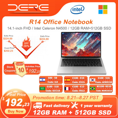 DERE Laptop 14.1 inch 16:10 IPS Full HD Intel Celeron N4500 12GB DDR4 ...