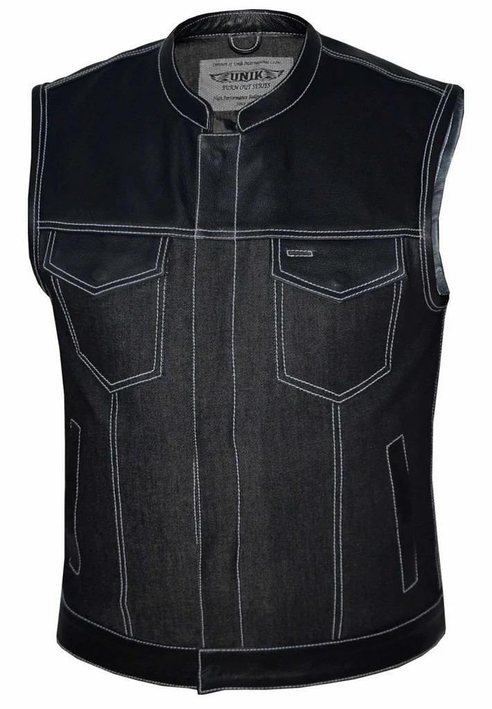 Men's Denim & Leather Club Vest with White Stitching - Papa's ...