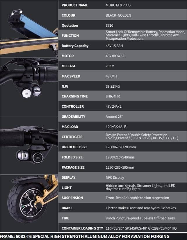 Mukuta 9 Plus 800W Dual Motor Electric Scooter | Removable Battery
