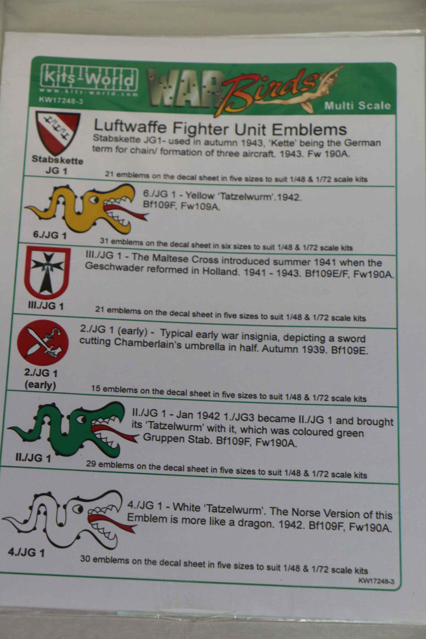 Warbirds Decals Luftwaffe Fighter Emblems Multi Scale KW172483 - Wheels ...