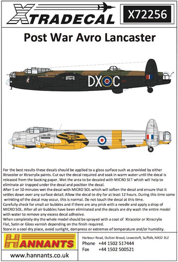 EXD72256 - Xtradecal 1/72 Post War Avro Lancaster - Wheels & Wings Hobbies