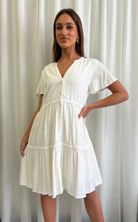 Ricki Linen Blend Ric Rac Dress - Off White