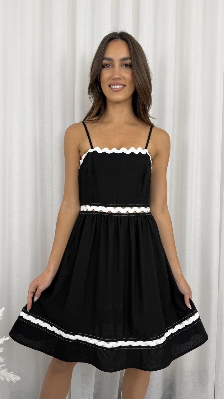 Elle Linen Blend Ric Rac Dress - Black