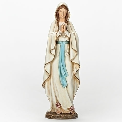 Our Lady of Lourdes Statue | Blue & White | Roses at Feet | 13-1/2 ...