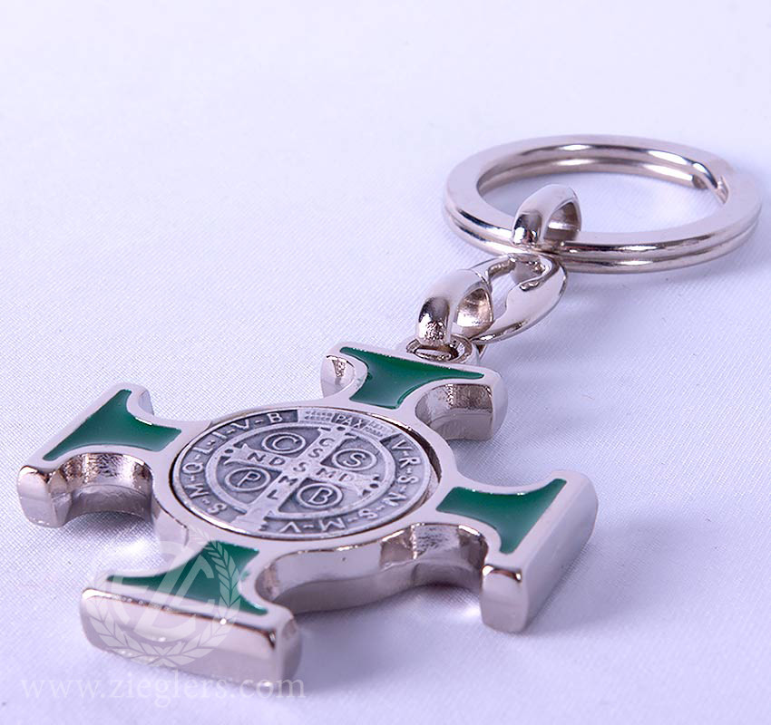 Saint Benedict Key Ring, Cross, Metal, Green Enamel, 1-1/2", Italy ...