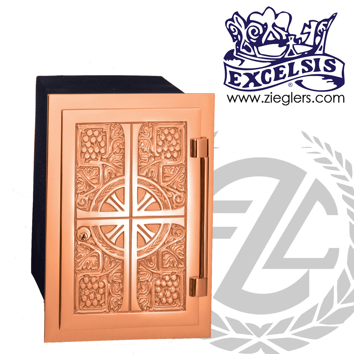 Wall Tabernacle with Cross, Wheat & Grapes – Bronze Face, Vault Lock