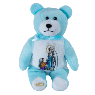 Our Lady of Lourdes Holy Bear – Light Aqua Plush with Ribbon