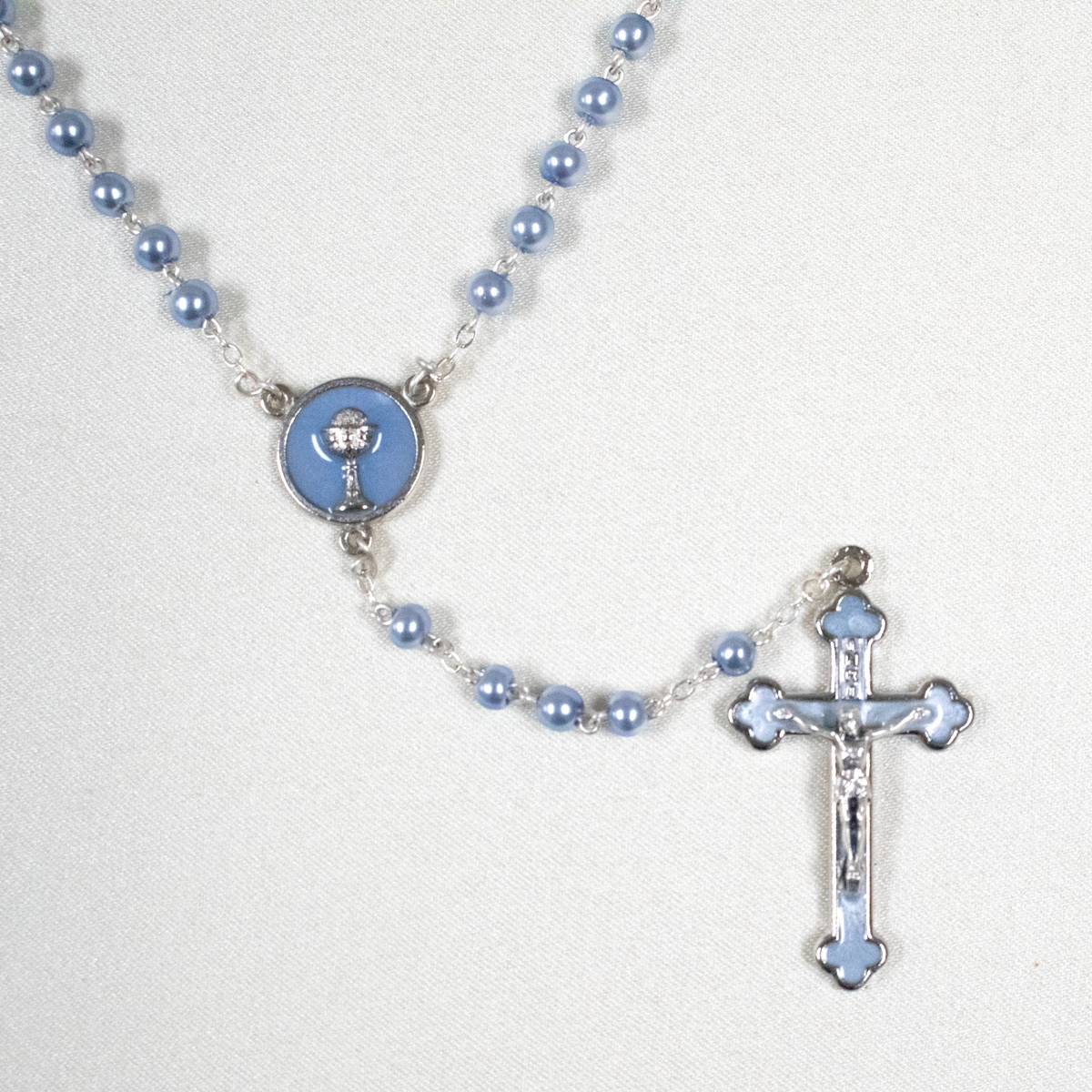Small Blue First Communion Rosary with Cup Centerpiece & Keepsake Box