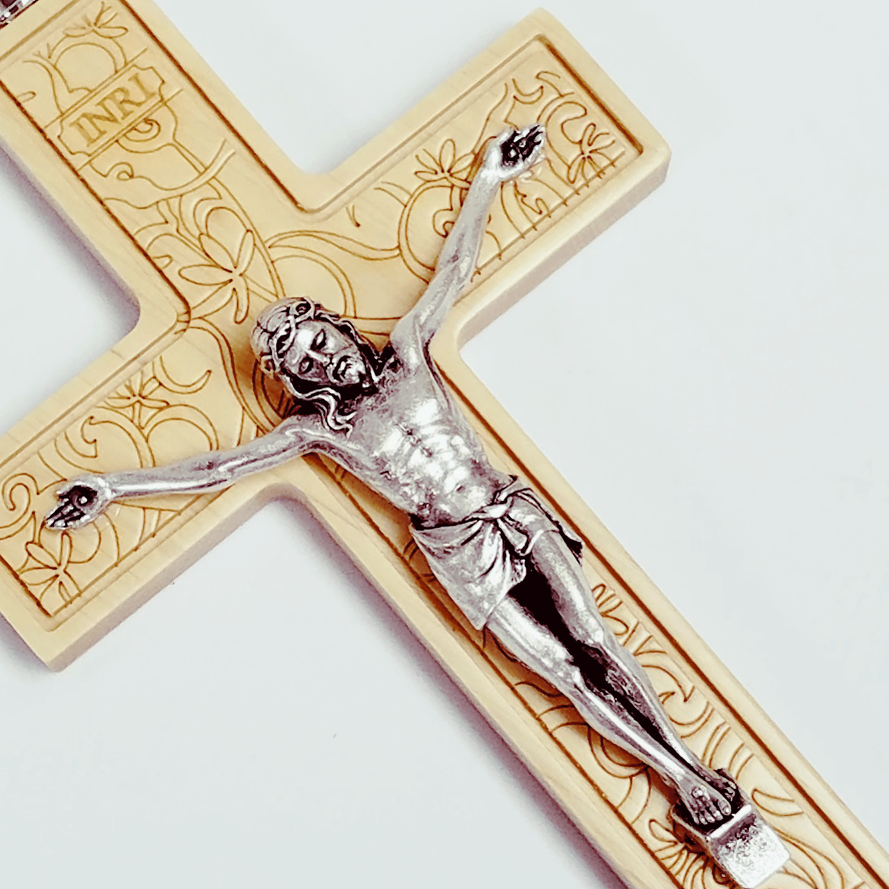 Carved Wall Crucifix | Natural Finish | Carved Accents | Pewter Corpus ...
