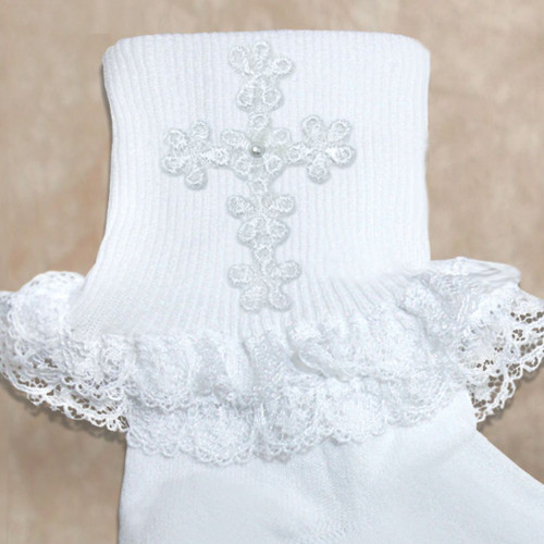 First Communion Socks | Cross Embellishment | Lace Edged Cuffs | 8 - 9 ...
