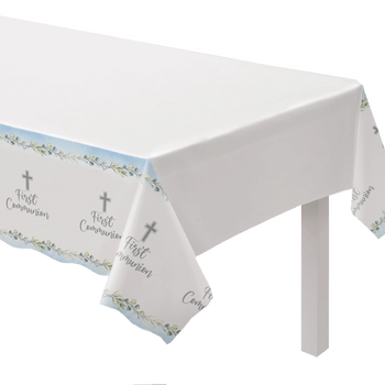 First Communion Tablecloth | Blue Edge with Floral | 54" x 102 ...