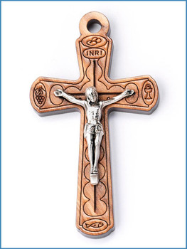 Wood Crucifix Pendant with Eucharistic Symbols | Italian Necklace