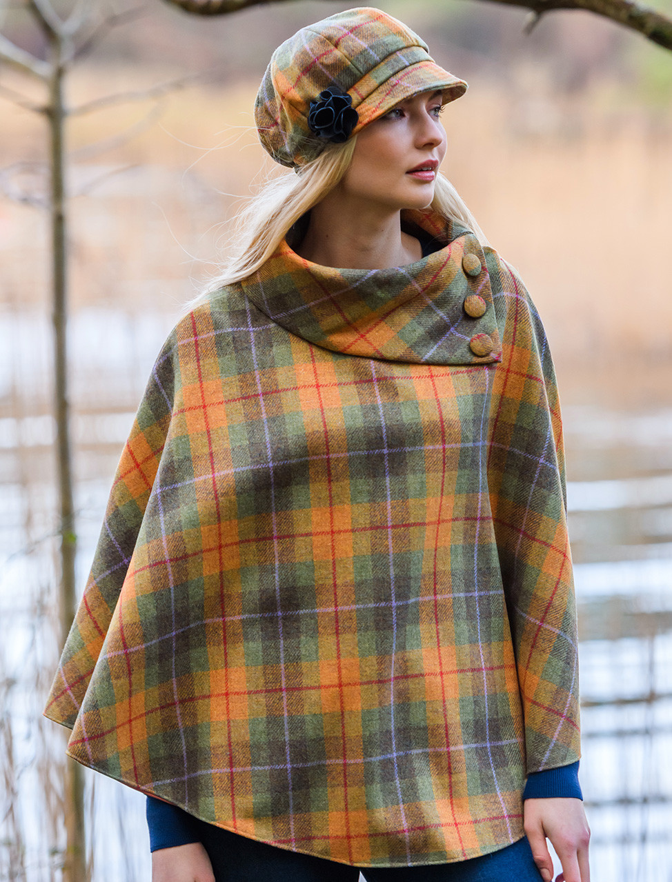 Mucros Tweed Poncho - Orange & Green | Mucros Weavers