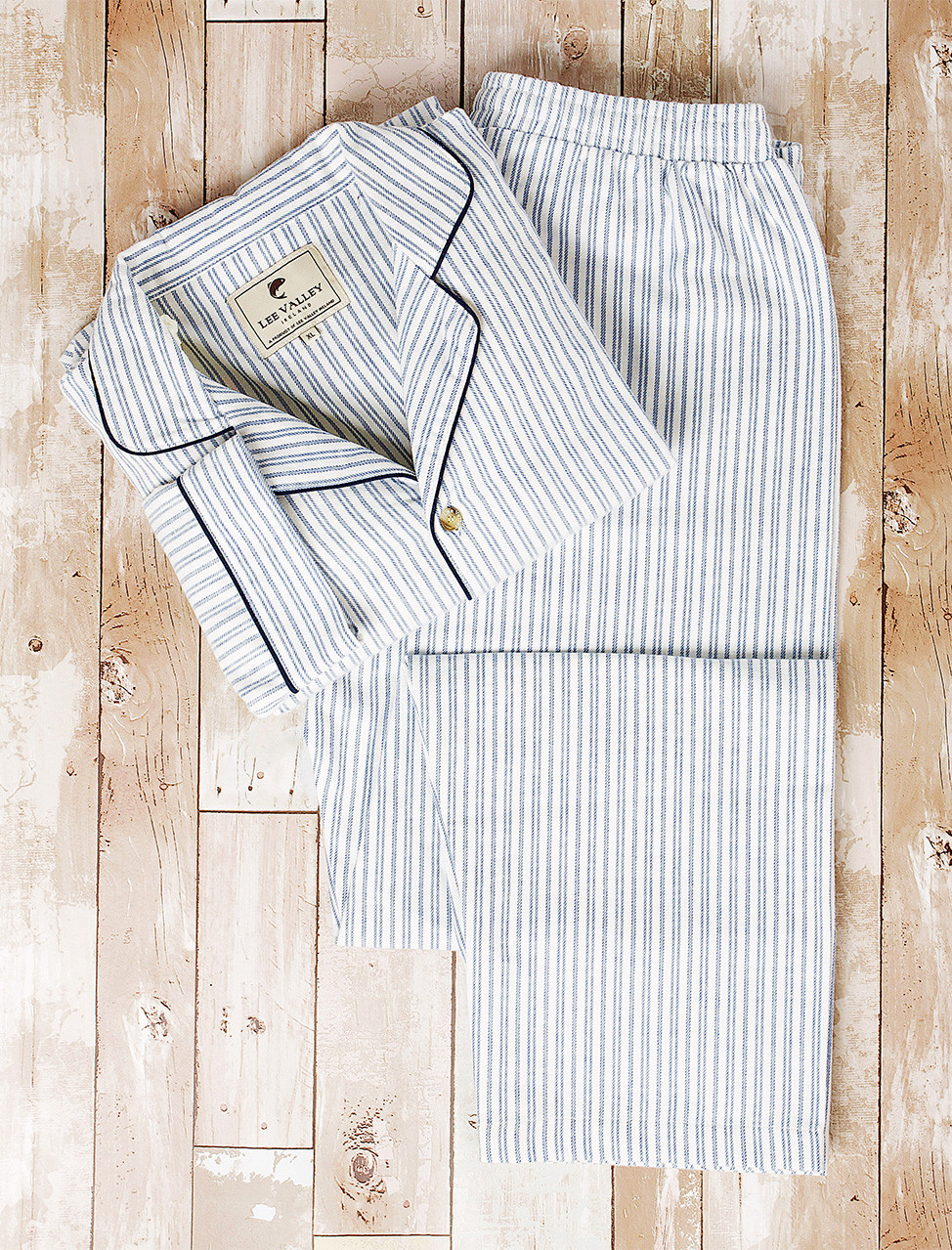Ladies Irish Flannel Lounge Pyjamas - Blue Stripe | Weavers Of Ireland