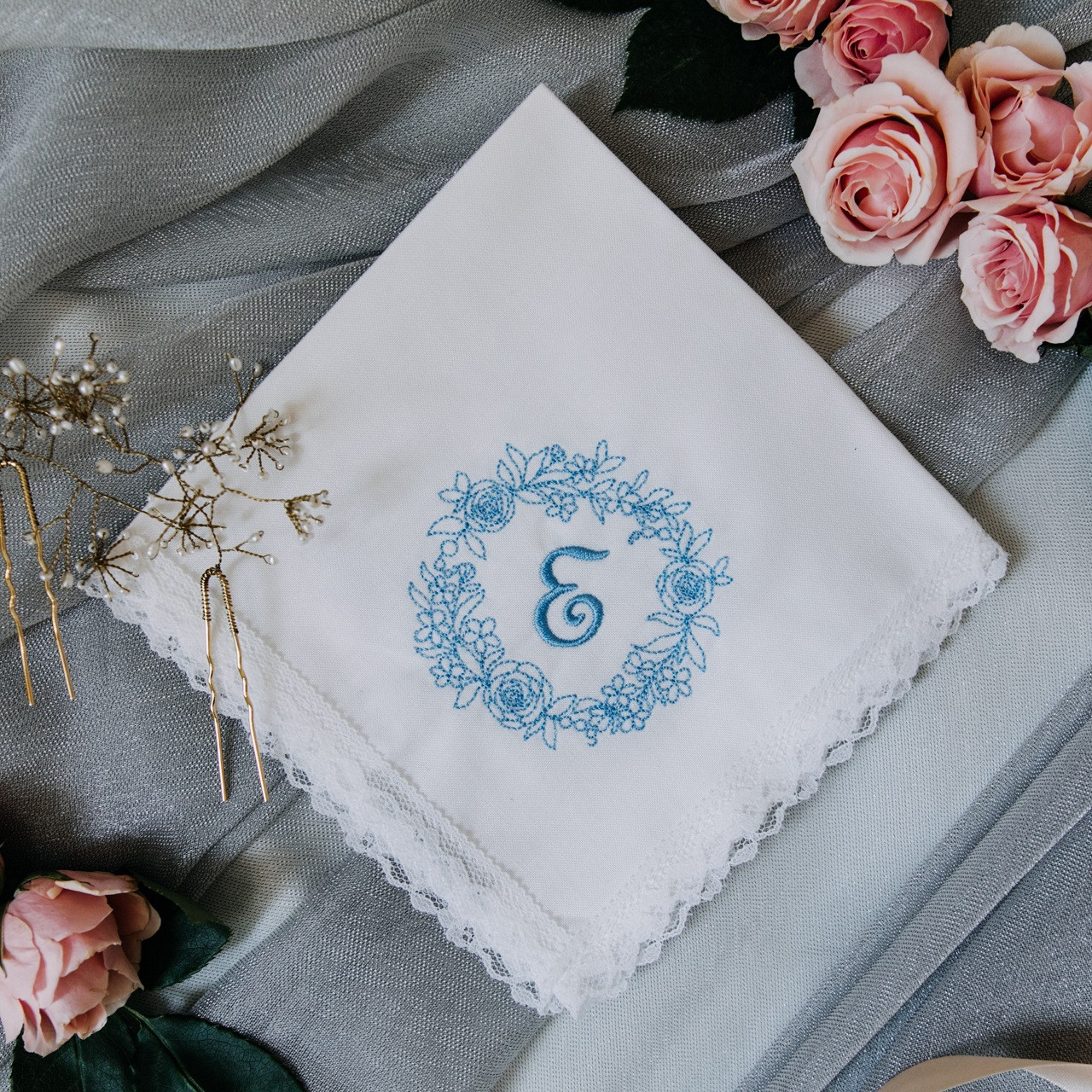 Dusty Blue Wedding Handkerchief | Personalized Embroidery & Monogramming