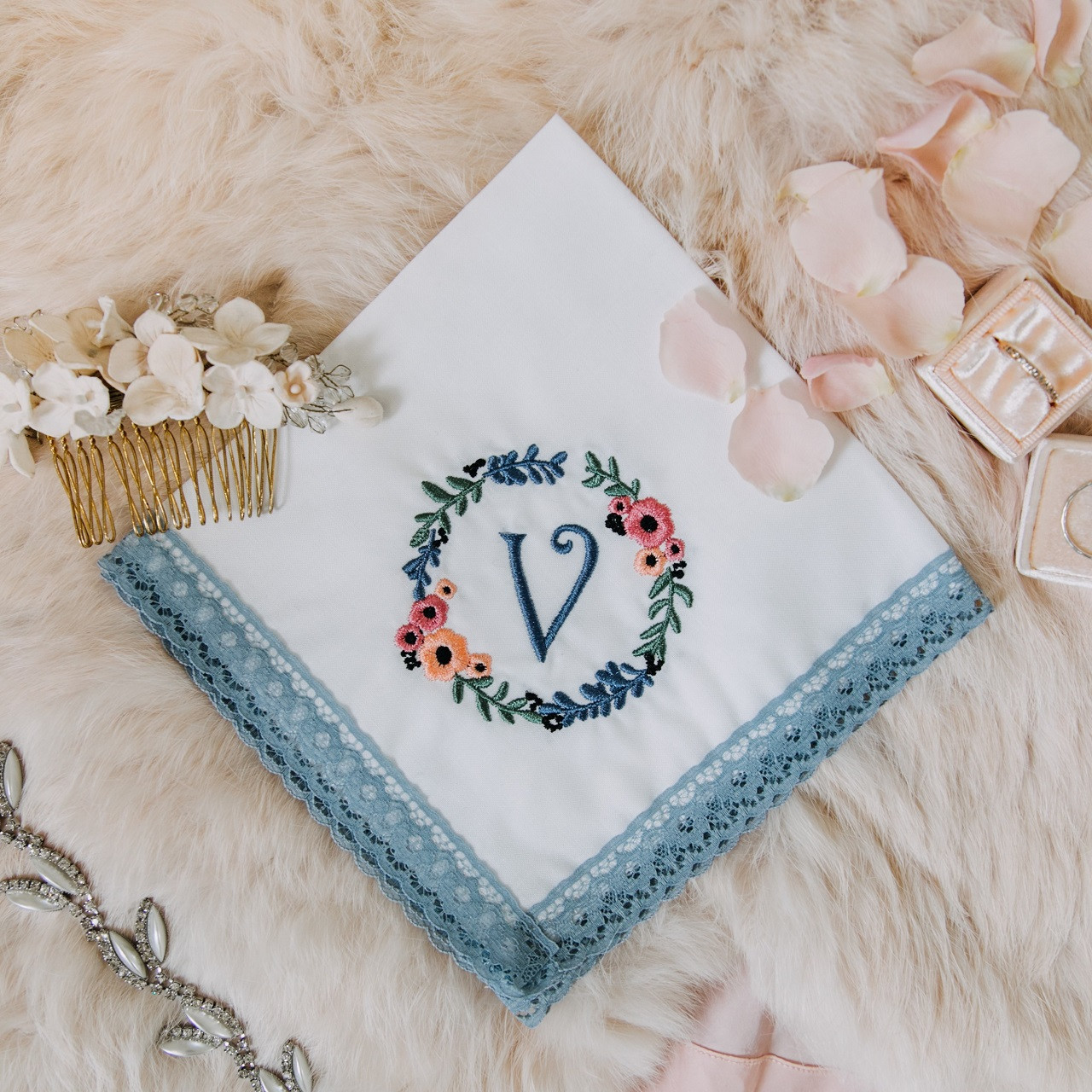Dusty Blue Wedding Handkerchief | Personalized Embroidery & Monogramming