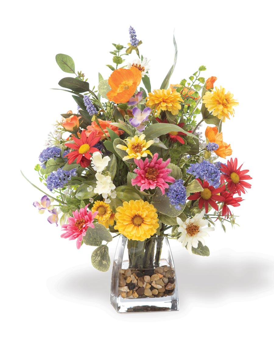 Buy lifelike Daisy, Statice & Zinnia faux flower centerpiece at Petals.