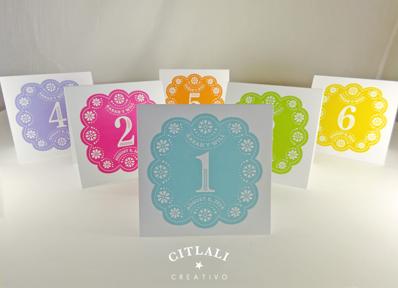 Square Colorful Papel Picado Table Tent Numbers - Citlali Creativo LLC