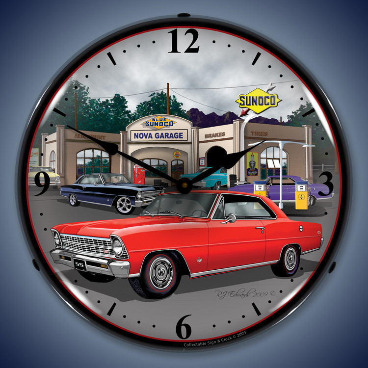 1967 Chevy Nova SS Wall Clock, LED Lighted, Sunoco