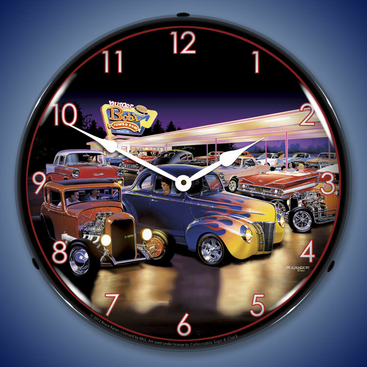 Bruce Kaiser Art Automotive Wall Clocks, LED Lighted, Vintage Hot Rods