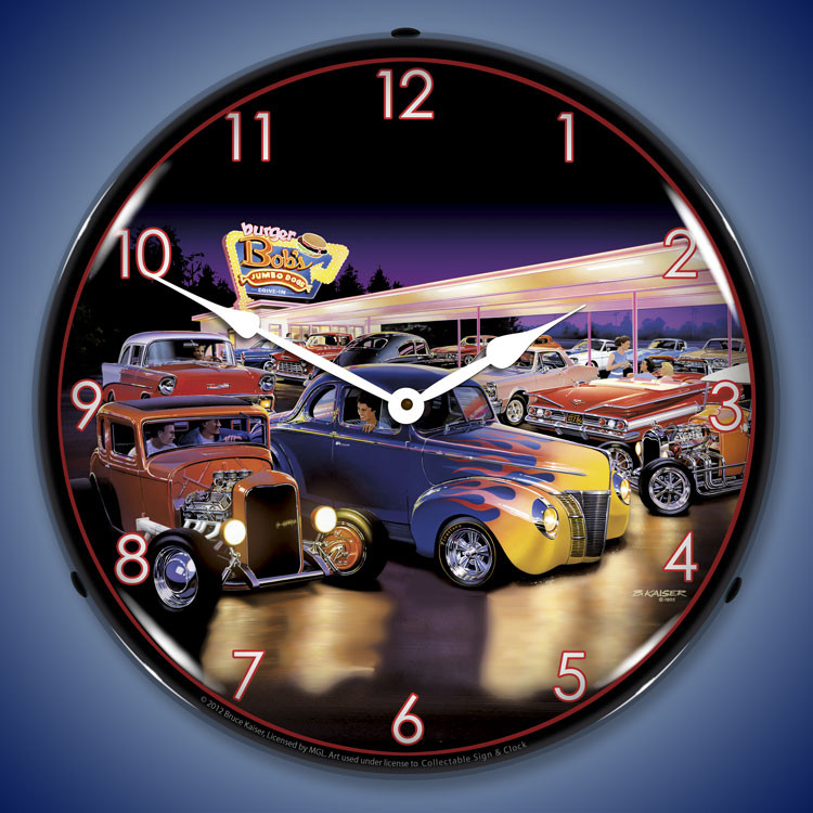 Bruce Kaiser Art Automotive Wall Clocks, LED Lighted, Vintage Hot Rods