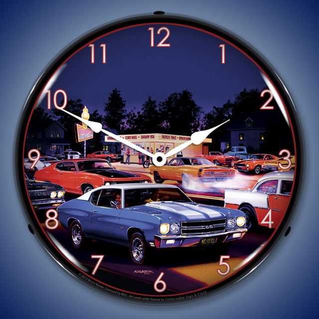 Bruce Kaiser Art Automotive Wall Clocks, LED Lighted, Vintage Hot Rods