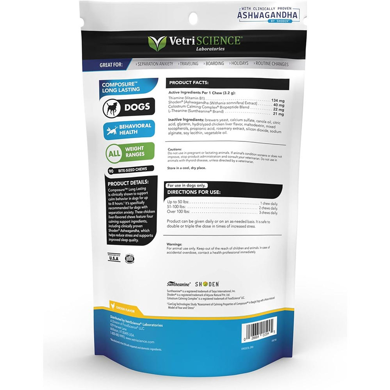 VetriScience Composure Long Lasting for Dogs - Calm & Confident Chicken Flavor (90 Soft Chews ...