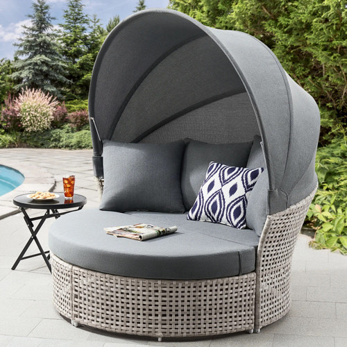 2 Piece Outdoor Daybed with Retractable Canopy Dark Gray
