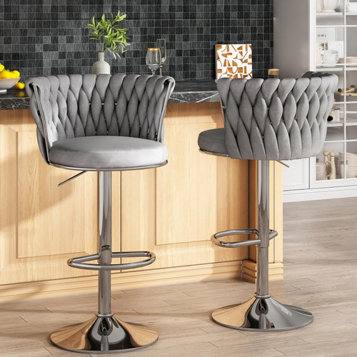 Bar Stools Set of 2 Velvet Upholstered Bar Chairs with Black Metal Legs Backs and Footrest Counter Height Bar Stools Modern Bar Chair for Kitchen