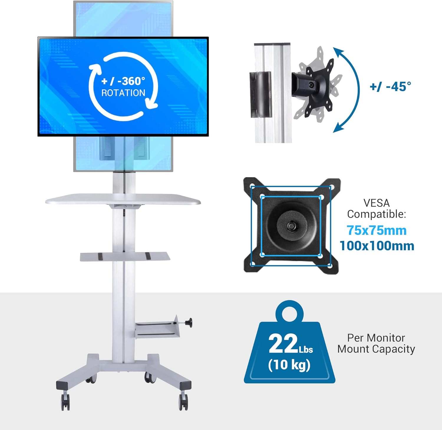ModSavy Adjustable Rolling Computer Cart Mobile PC Standing Workstation ...