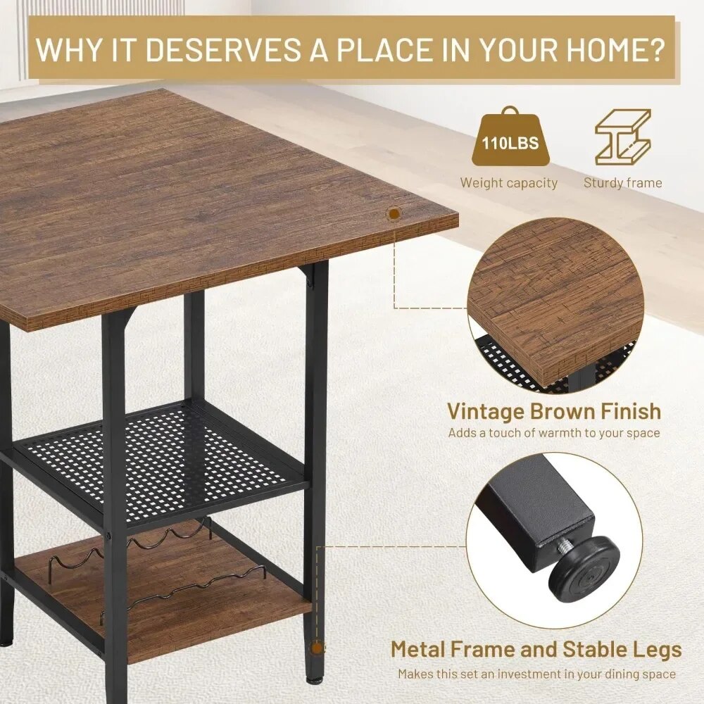 5 Piece Bar Table & Chair Set, Industrial Countertop Height Bar Table ...