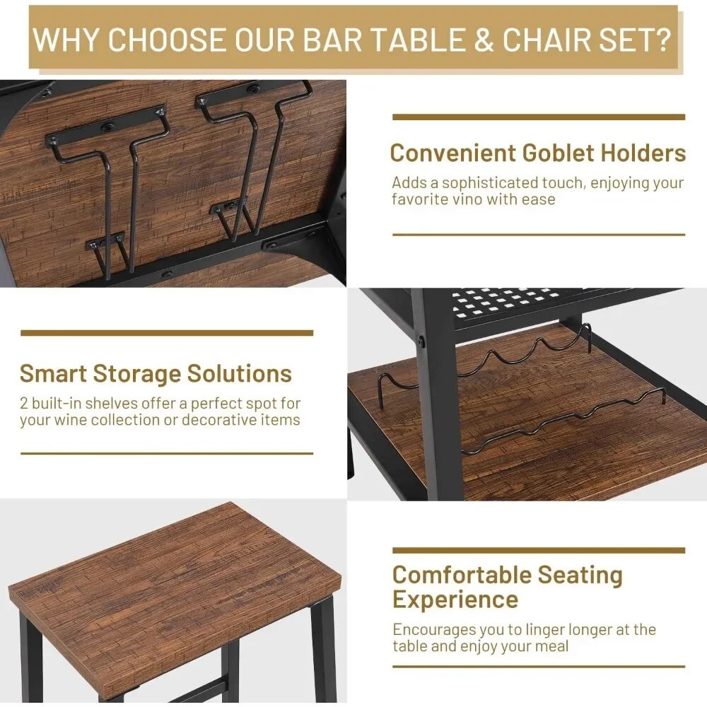 5 Piece Bar Table & Chair Set, Industrial Countertop Height Bar Table ...