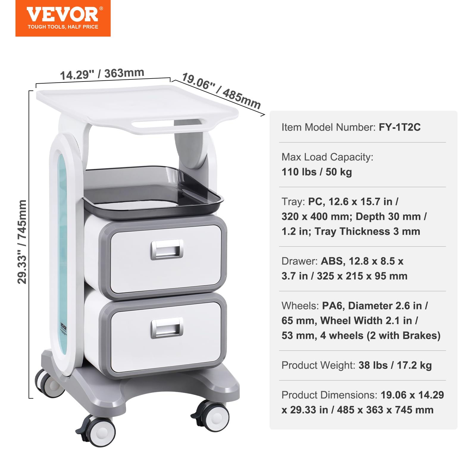 3 Tiers Lab Carts, Lab Utility Cart with 2 Drawers & 1 Top Tray, Mobile ...