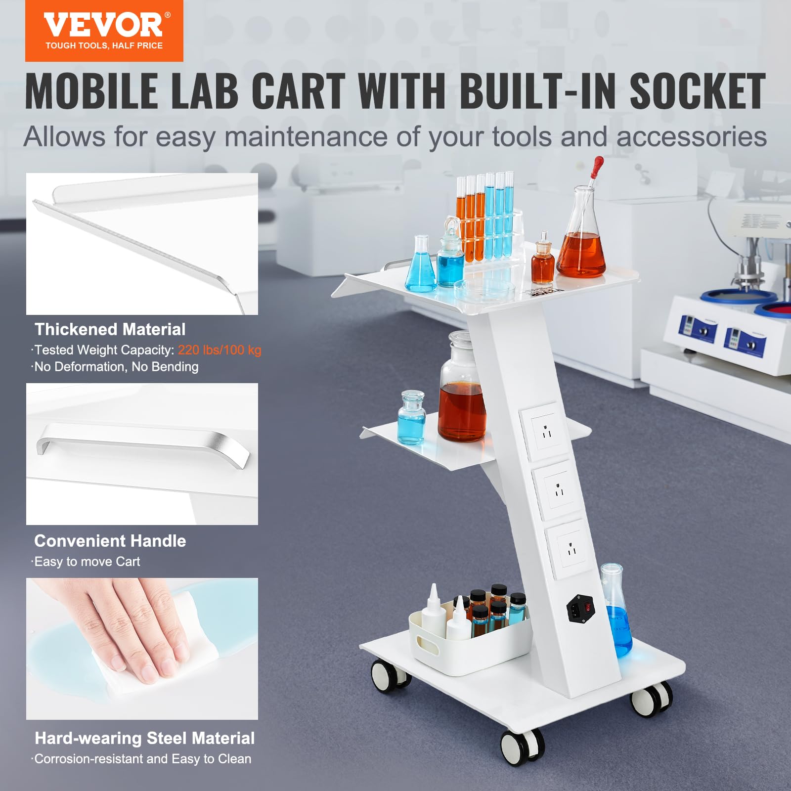 Lab Trolley, Rolling Lab Cart with Built-in Socket, 3-Layer Metal ...