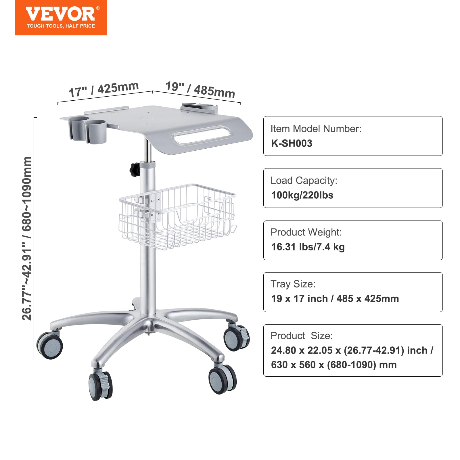 Medical Mobile Trolley With Wheels 29.5"-41.3" Height Adjustable ...