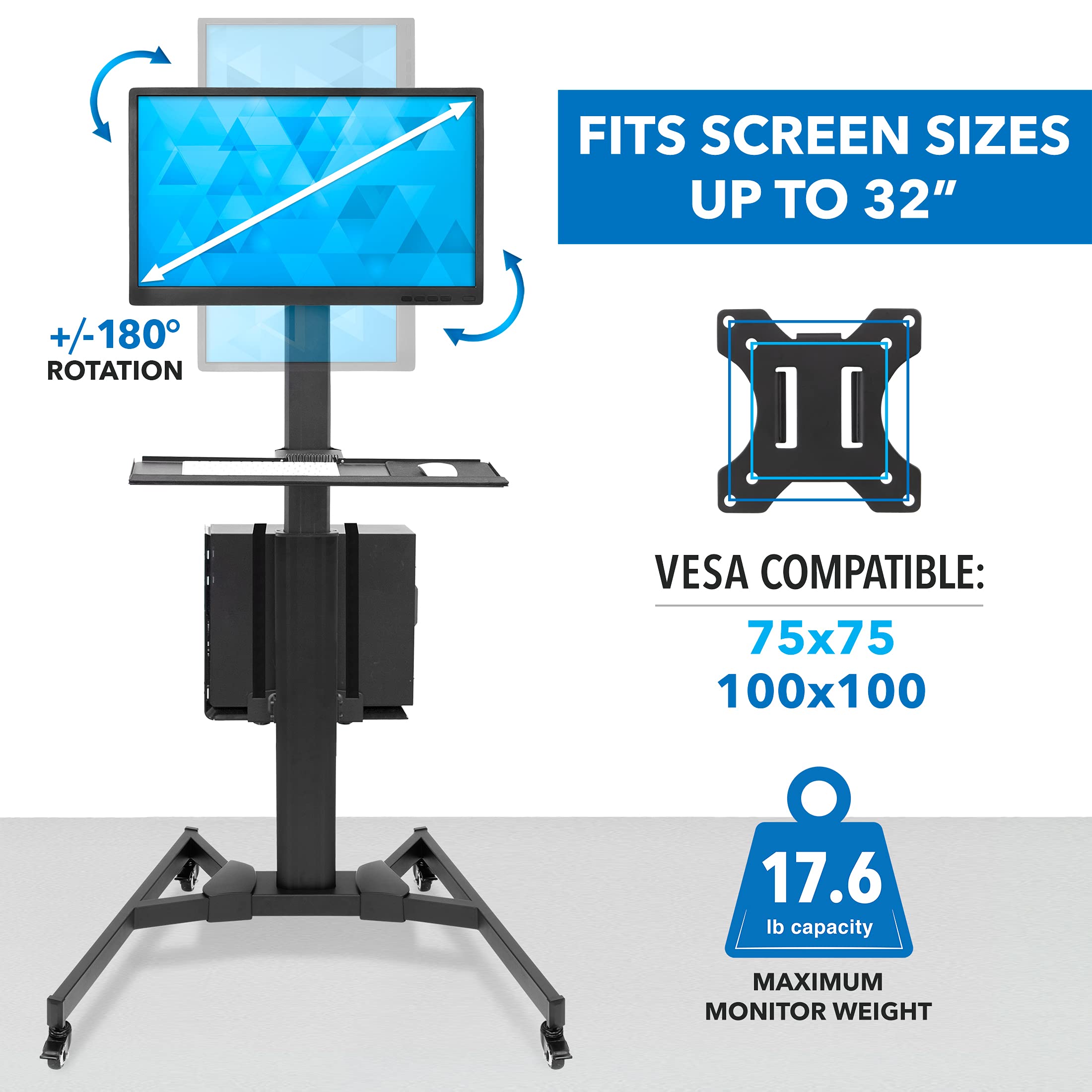 Computer Cart Mobile Desk Workstation with Monitor Mount for Screen up ...