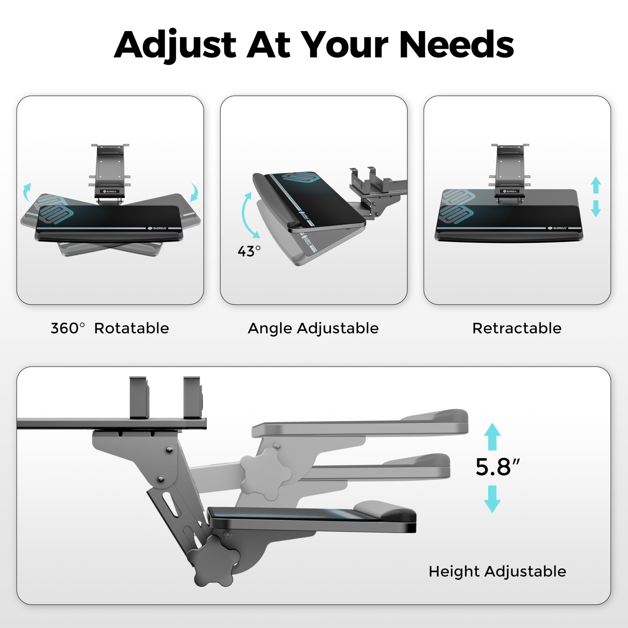 Keyboard Tray Height Adjustable, Swivel Tilt Computer Keyboard Drawer ...