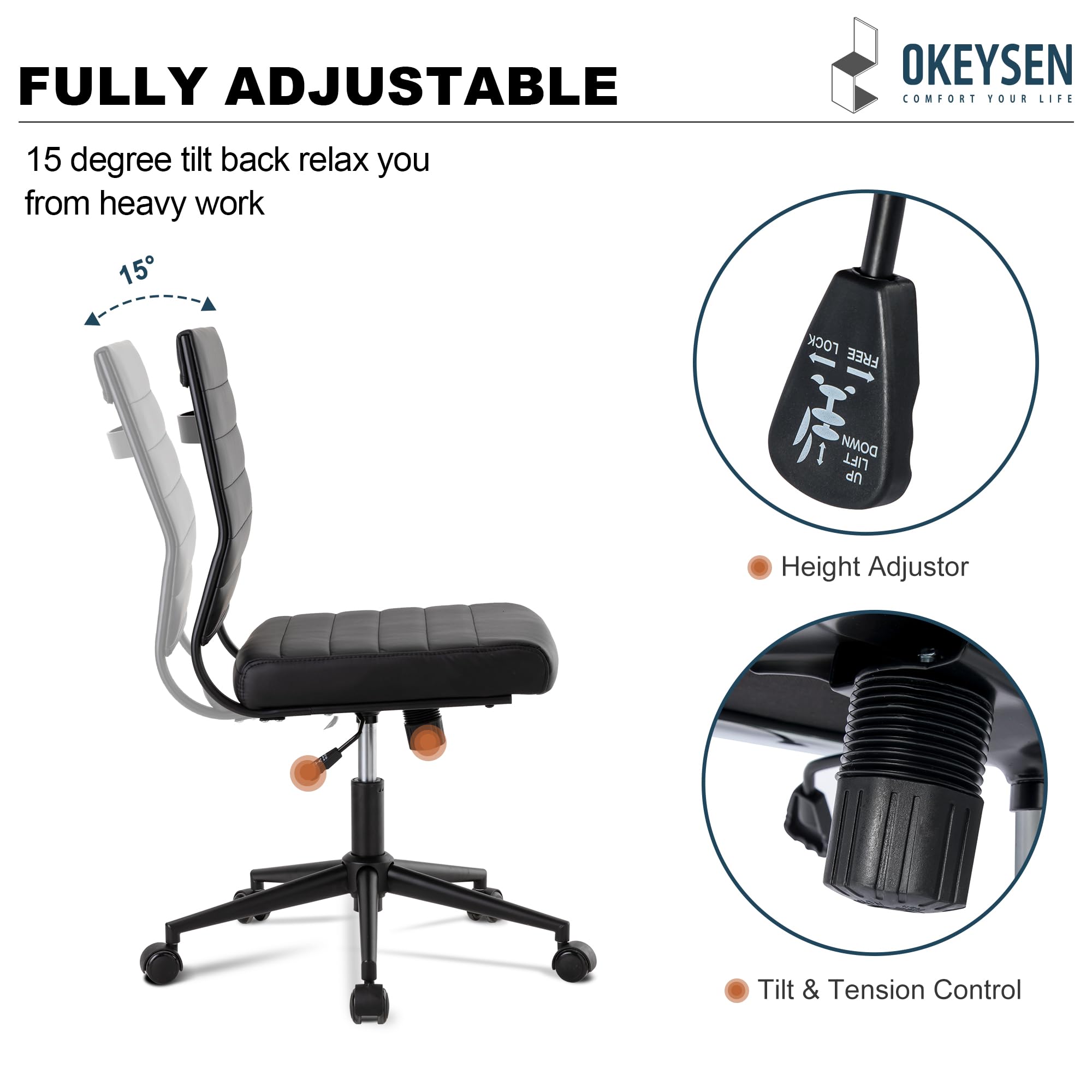 Office Desk Chair No Arms, Mid Back Ergonomic Swivel Black Armless ...