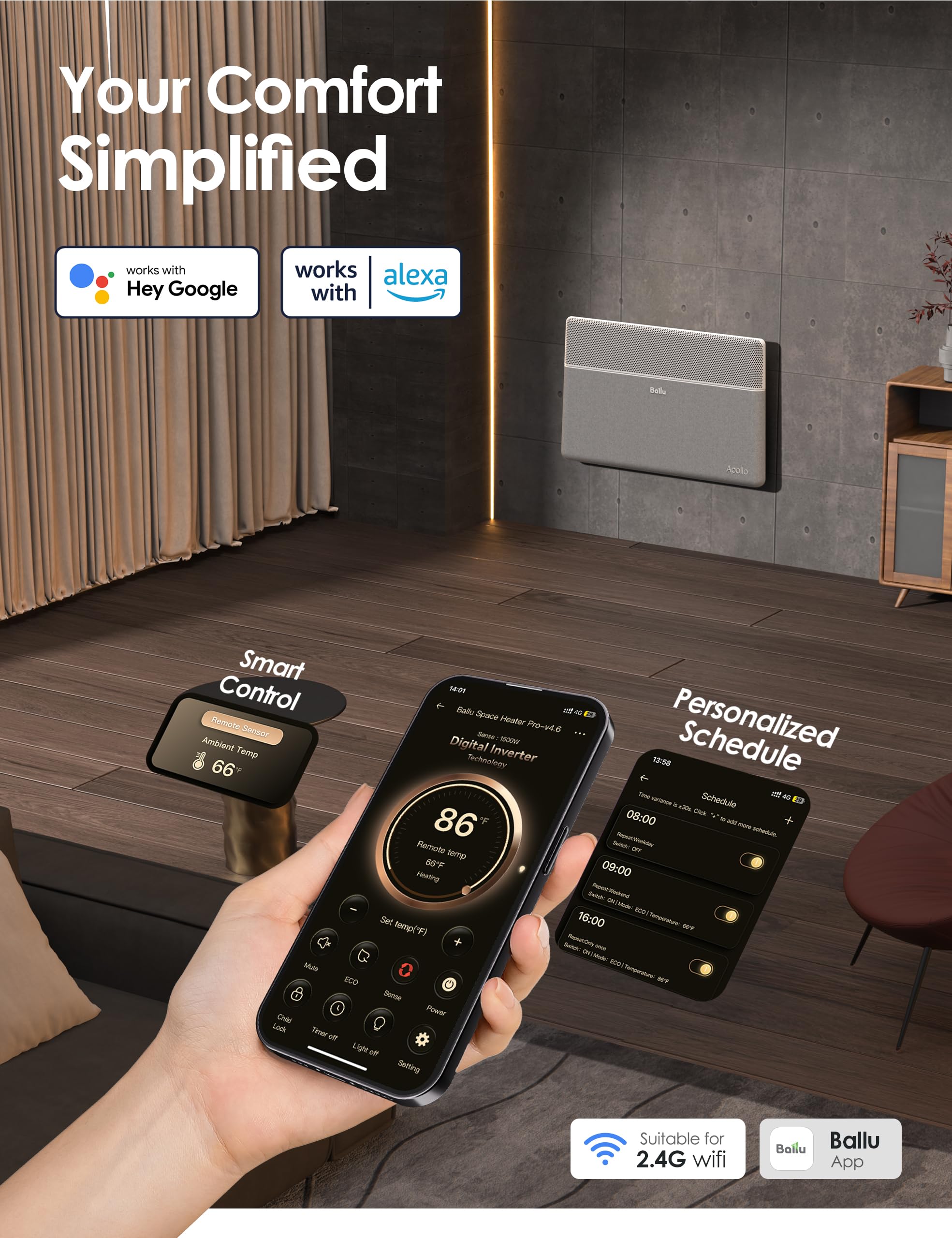 Convection Panel Space Heater for Large Room,Smart Quiet Heater with ...