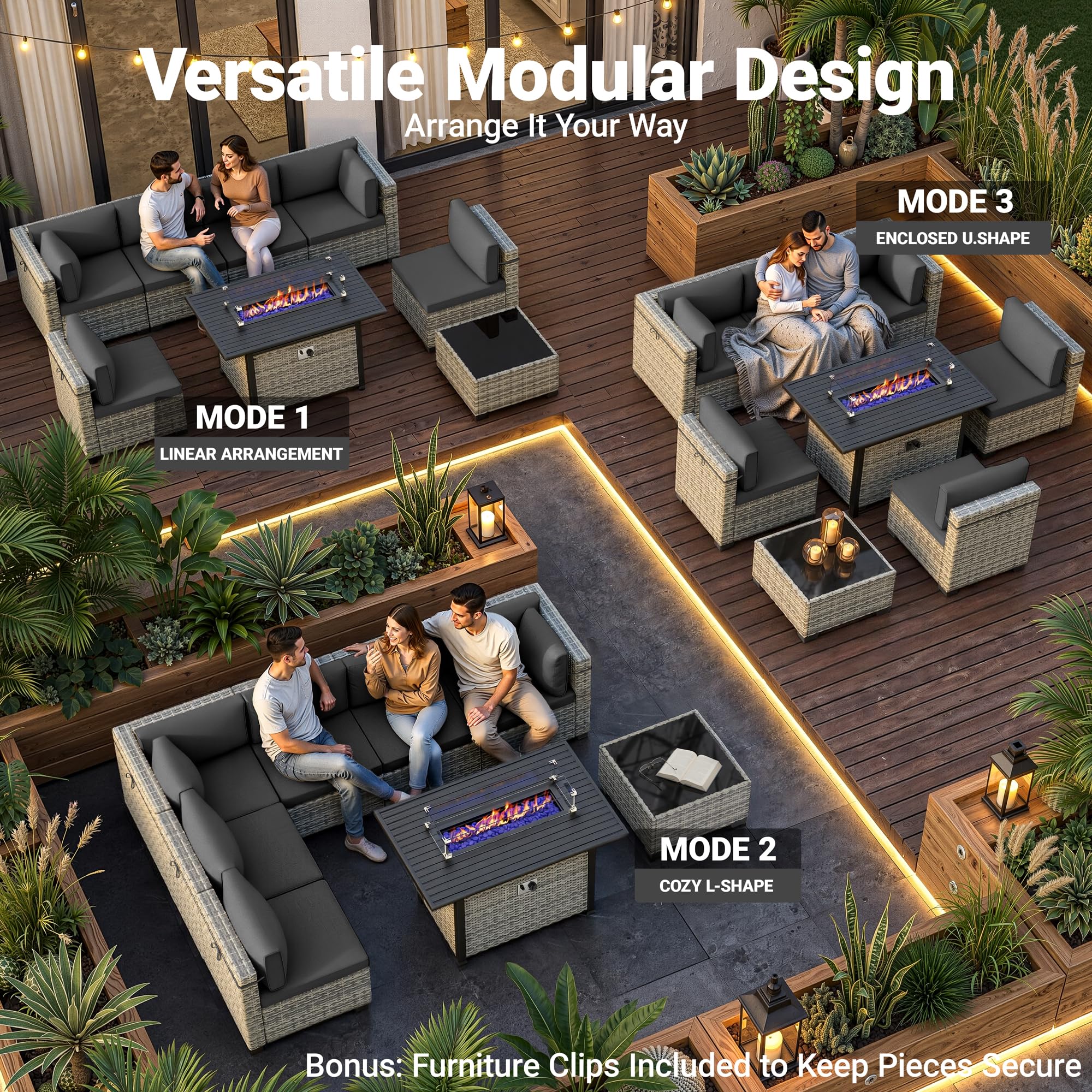 8-Piece Modern Patio Conversation Set with 55,000 BTU Fire Pit Table ...