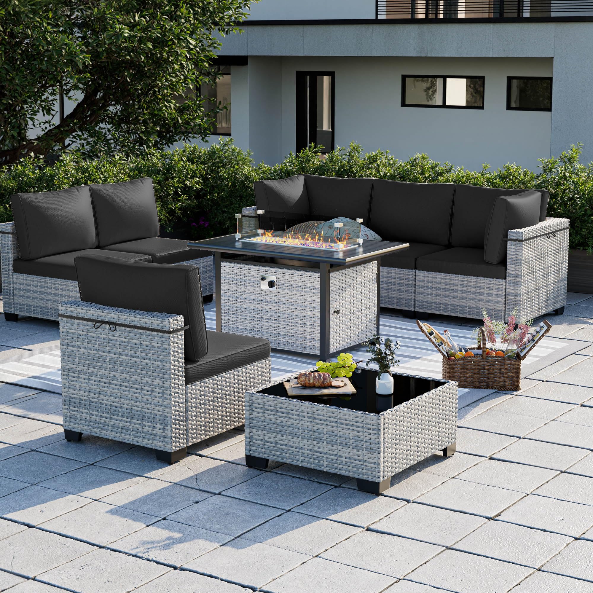 8-Piece Modern Patio Conversation Set with 55,000 BTU Fire Pit Table ...