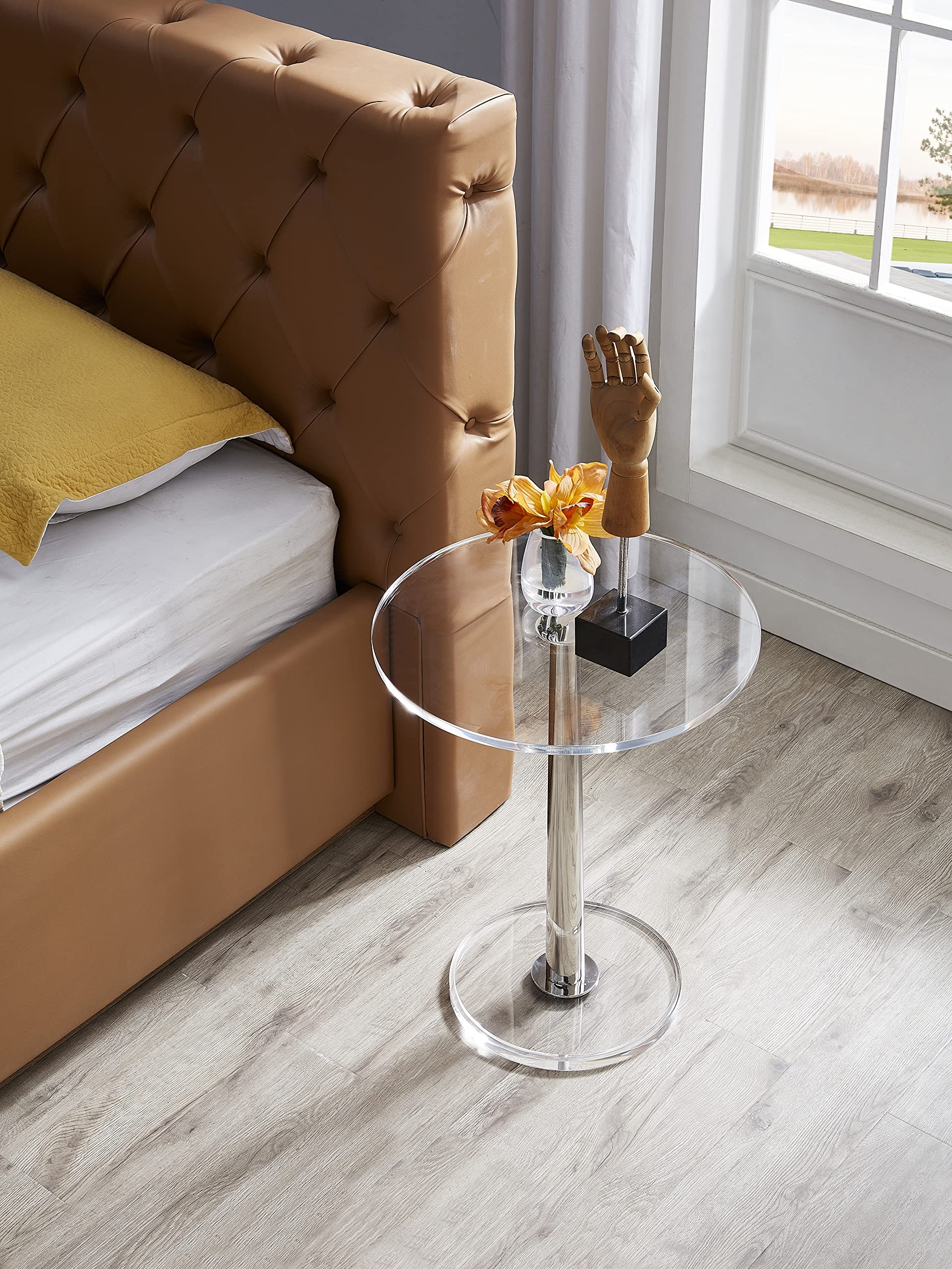 Clear Acrylic Table with Cone Metal Pole (Large, Silver)